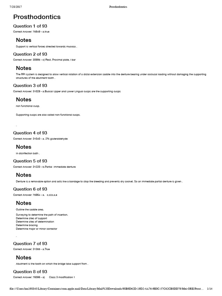 Prosthodontics Exam Answers | PDF