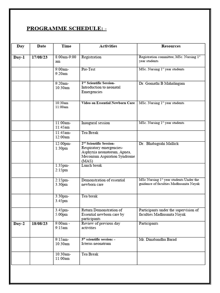 Programme Schedule Workshop-1 | PDF | Neonatal Intensive Care Unit ...