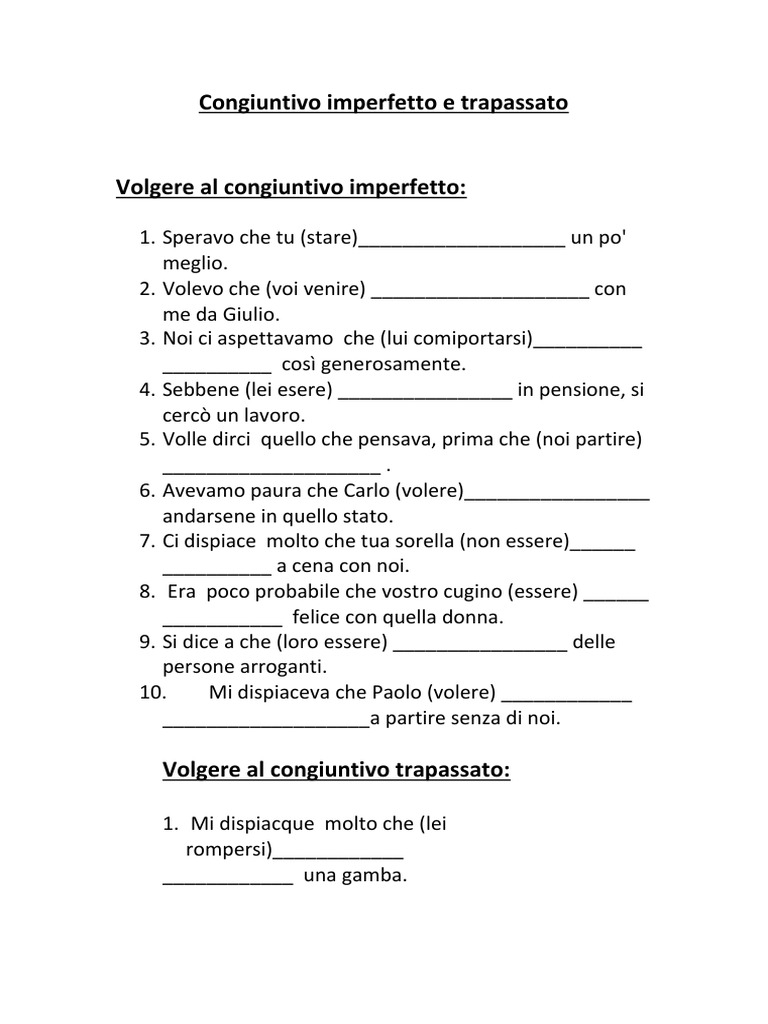 Unita 7 Congiuntivo Imperfetto e Trapassato Esercizi | PDF