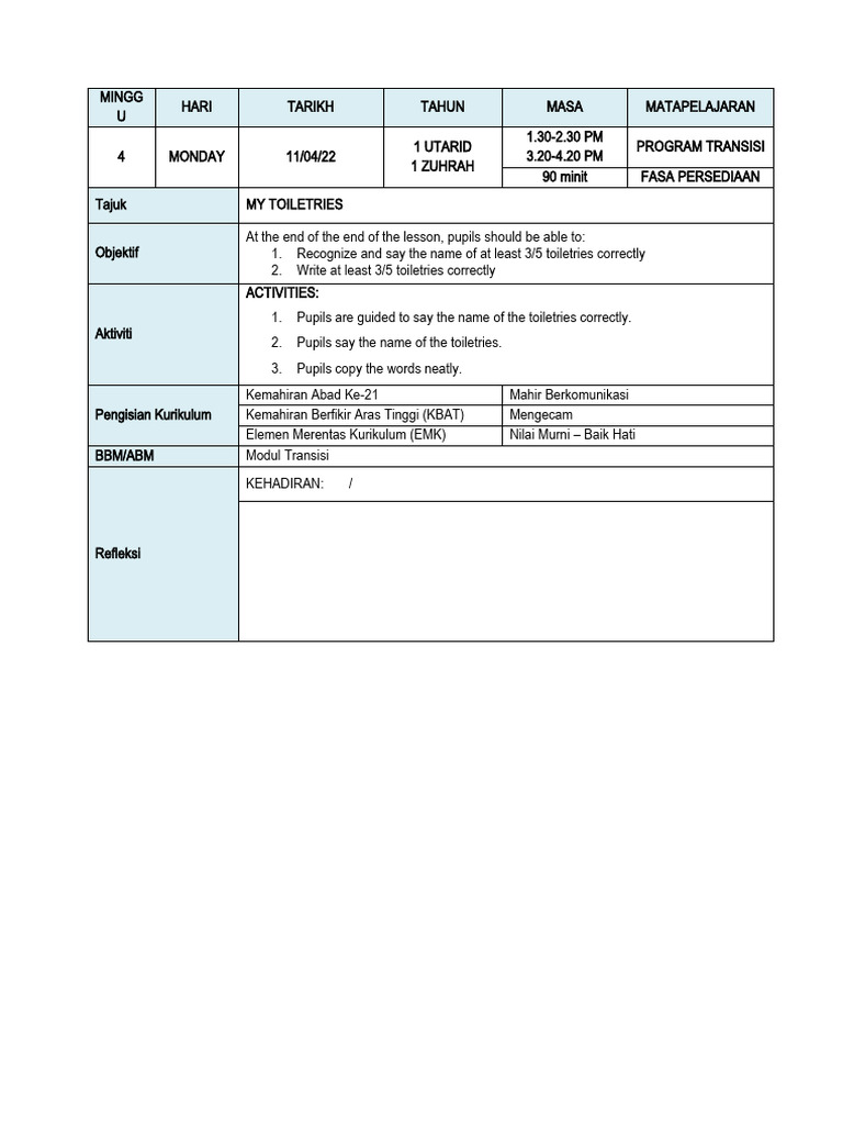 RPH Transisi Fasa Penyesuaian | PDF