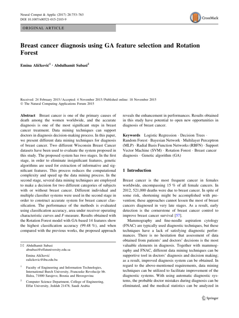 Breast Cancer Detection Using Ga Feature Selection And Rotation Forest Pdf Receiver