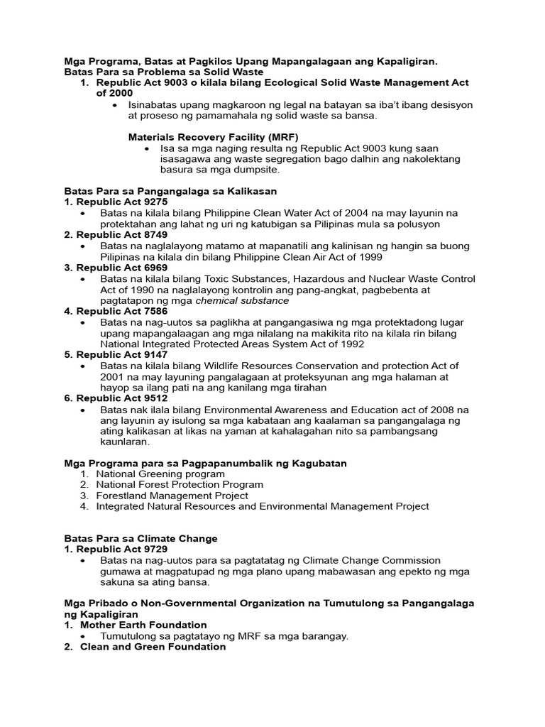 Mga Programa Batas at Pagkilos Upang Mapangalagaan Ang Kapaligiran | PDF