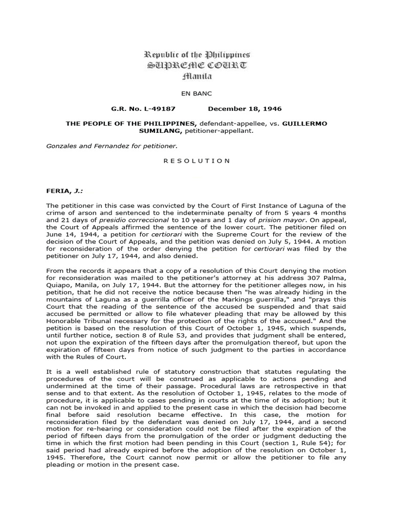 People vs. Sumilang, 77 Phil. 764 | PDF | Judgment (Law) | Certiorari