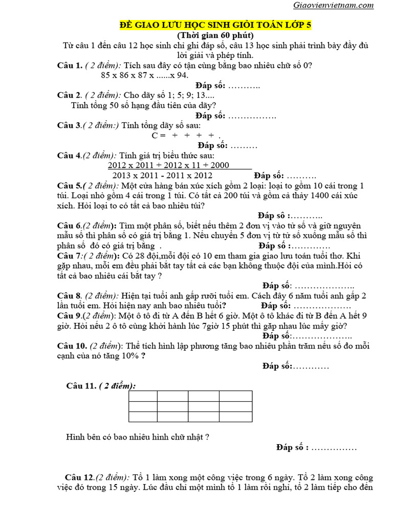 Toan Lop 5 Cac de Luyen Thi | PDF