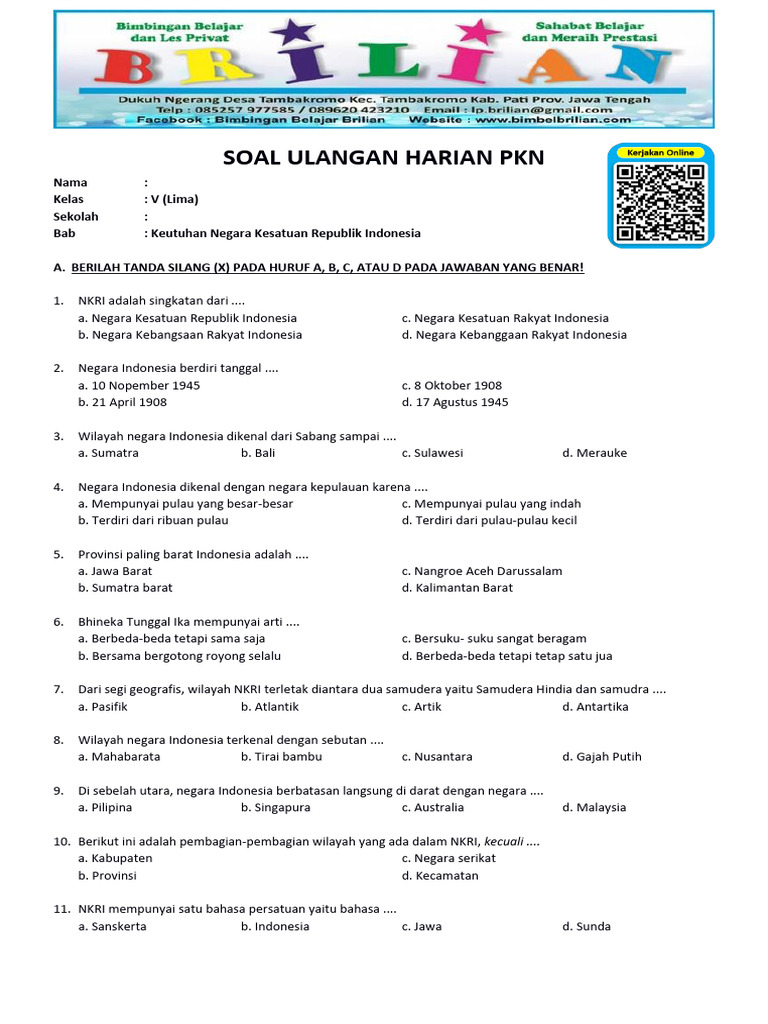 Soal PKN Kelas 5 SD Bab 1 Keutuhan Negara Kesatuan Republik Indonesia Dan Kunci Jawaban | PDF