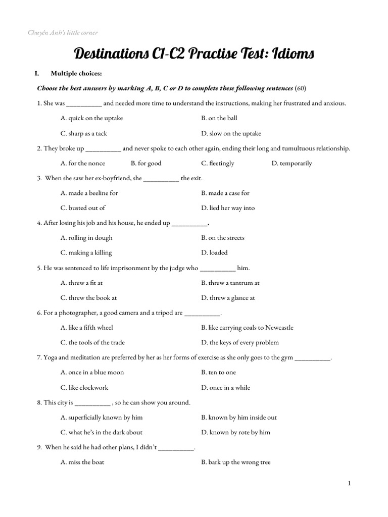 Advanced Idioms Practice Test | PDF