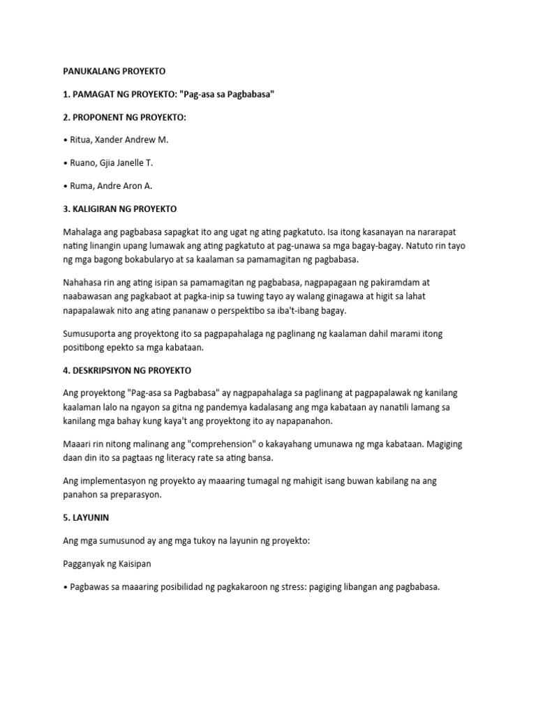 Panukalang Proyekto Halimbawa 1 | PDF