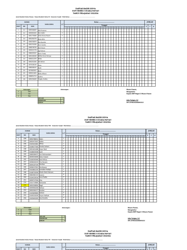 Absen Siswa TP 2023-2024 Semester 1 | PDF