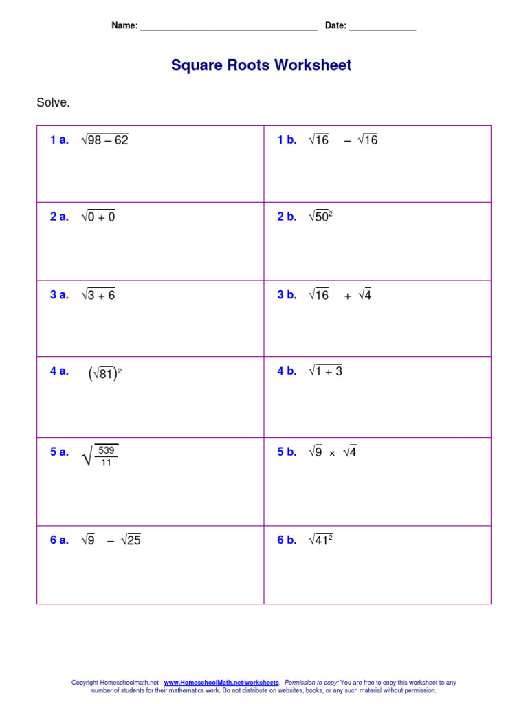 Square Roots Worksheet | PDF