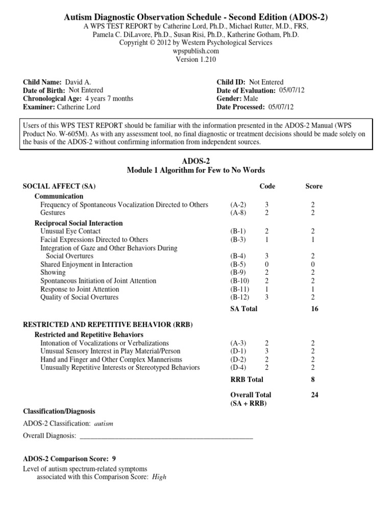 Ados 2 Sample Test Report | PDF | Autism | Neurodevelopmental Disorders
