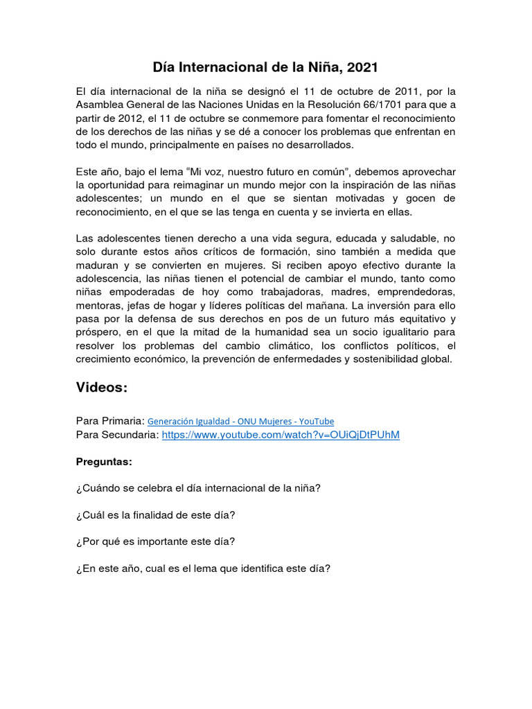 Día Internacional de La Niña | PDF