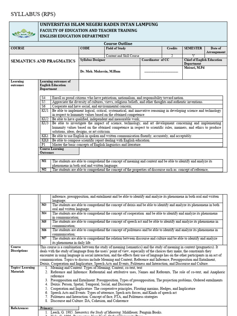 Semantics and Pragmatics Syllabus | PDF | Semantics | Grammar