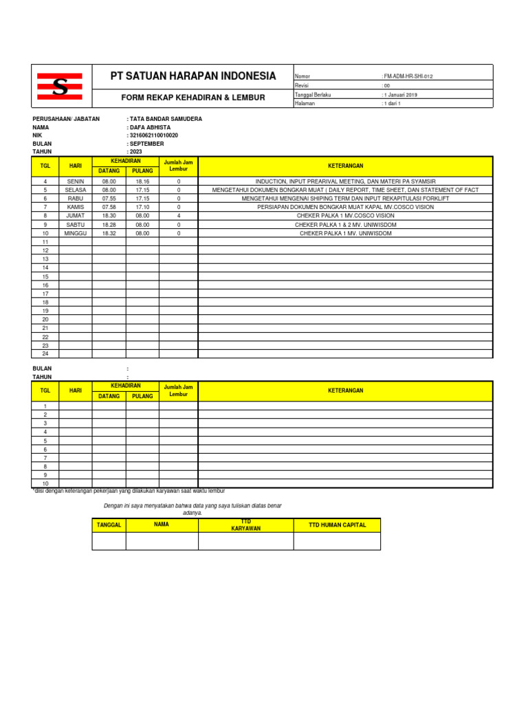 Form Rekap Kehadiran Dan Lembur-DAFA ABHISTA-04 - 10 September 2023 | PDF