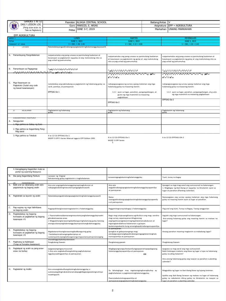 Grade 5 Epp Agri DLL Whole Year Grade 5 | PDF