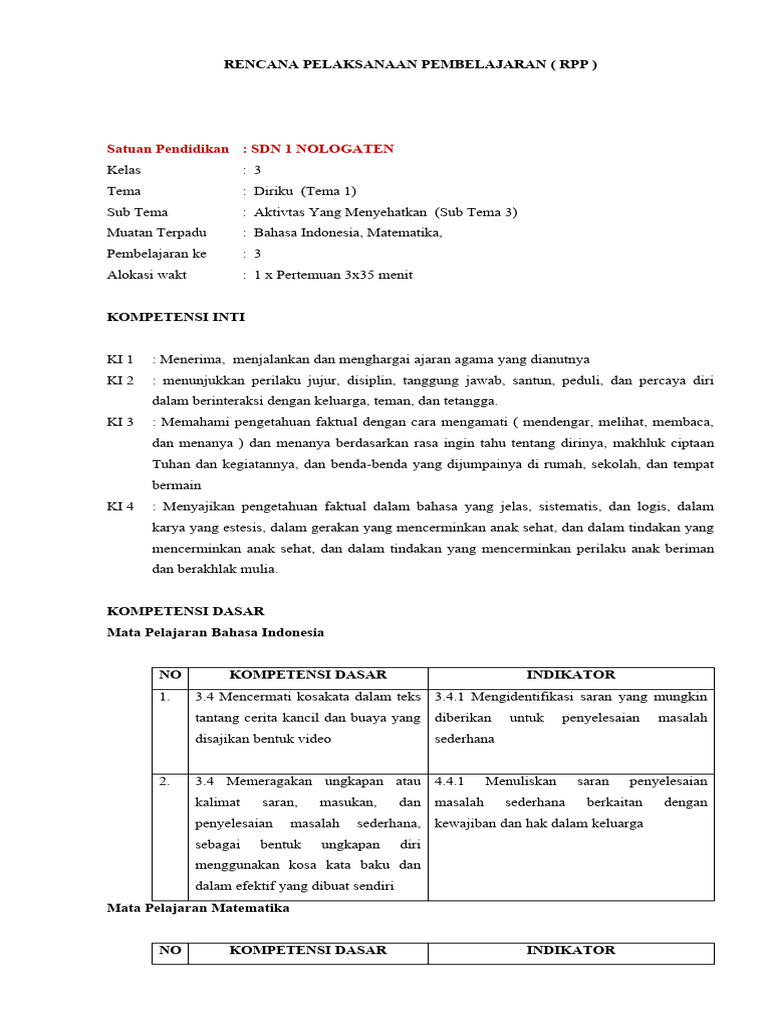 RPP KELAS 3 SD Nologaten | PDF