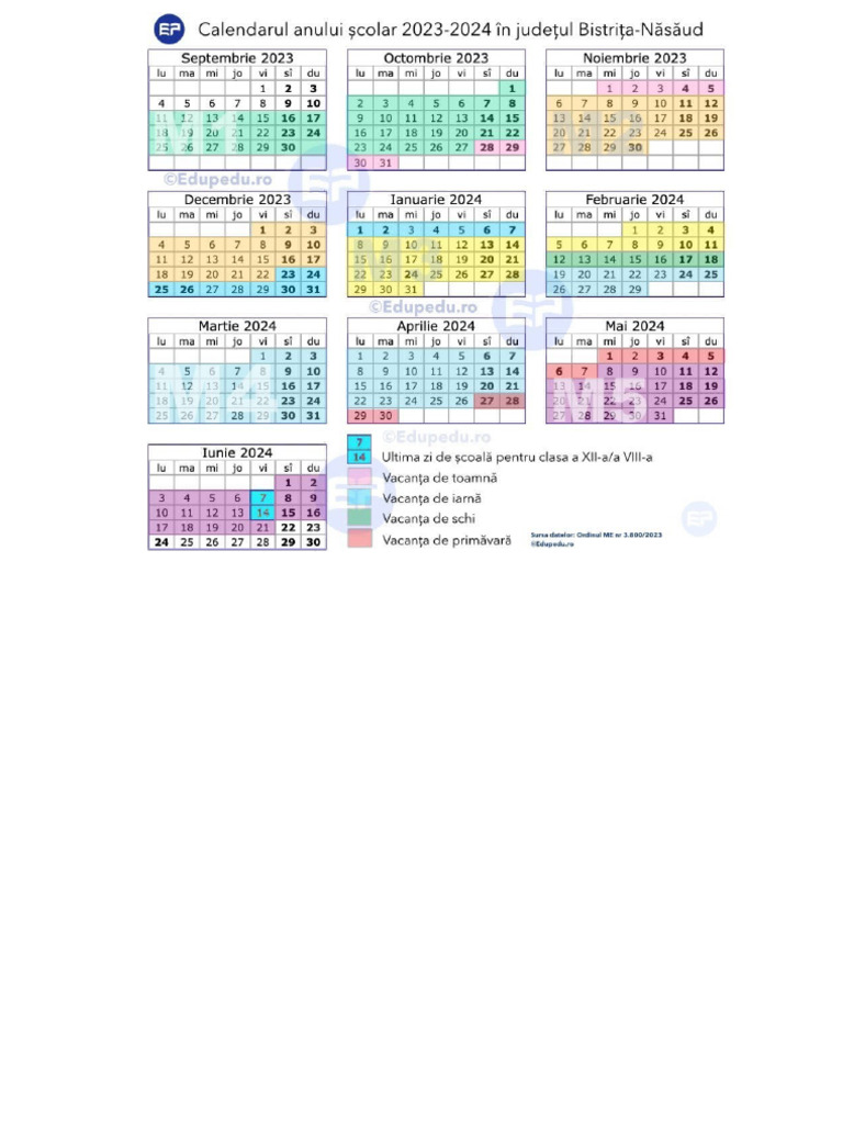 Calendar An Scolar 2023 2024 Bistrita Nasaud | PDF