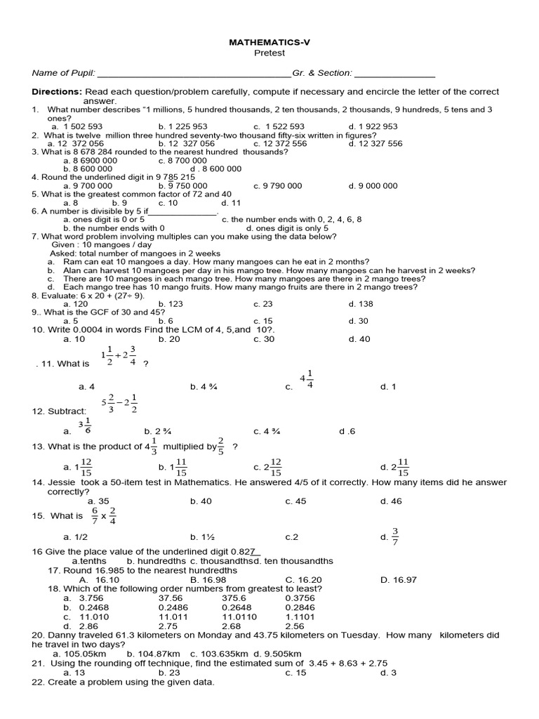 Pre-Test - Mathematics 5 | PDF | Volume | Celsius