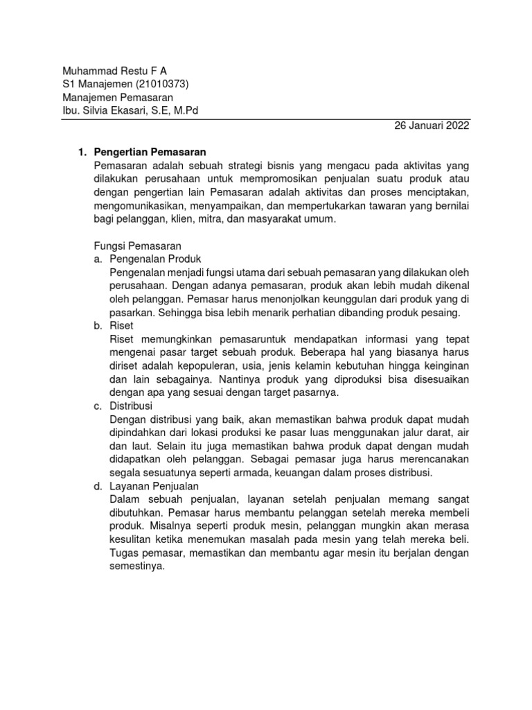 Tugas Manajemen Pemasaran | PDF | Karier & Perkembangan | Pengelolaan Keuangan & Uang