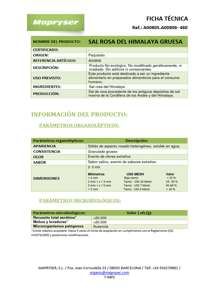 FICHA TECNICA A00806 460 Sal Rosa Del Himalaya Gruesa | PDF | sal | Preparación de comida y bebida