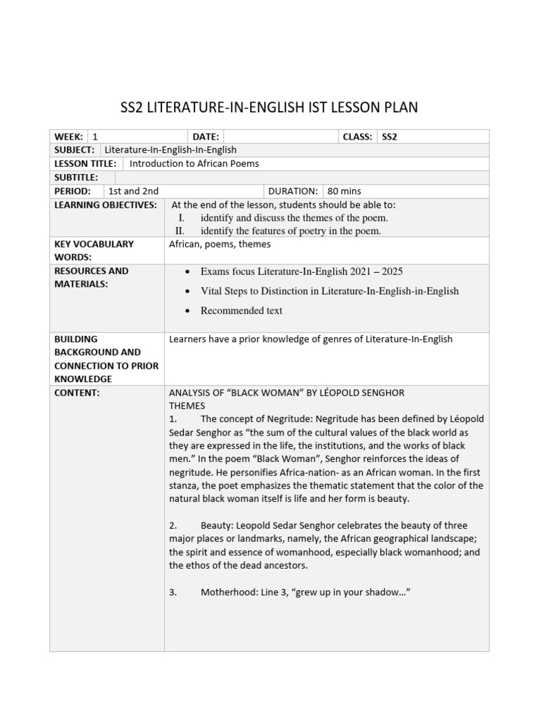 Literature Lesson Plan SS2 First Term PDF Download 2023 | PDF | Poetry ...