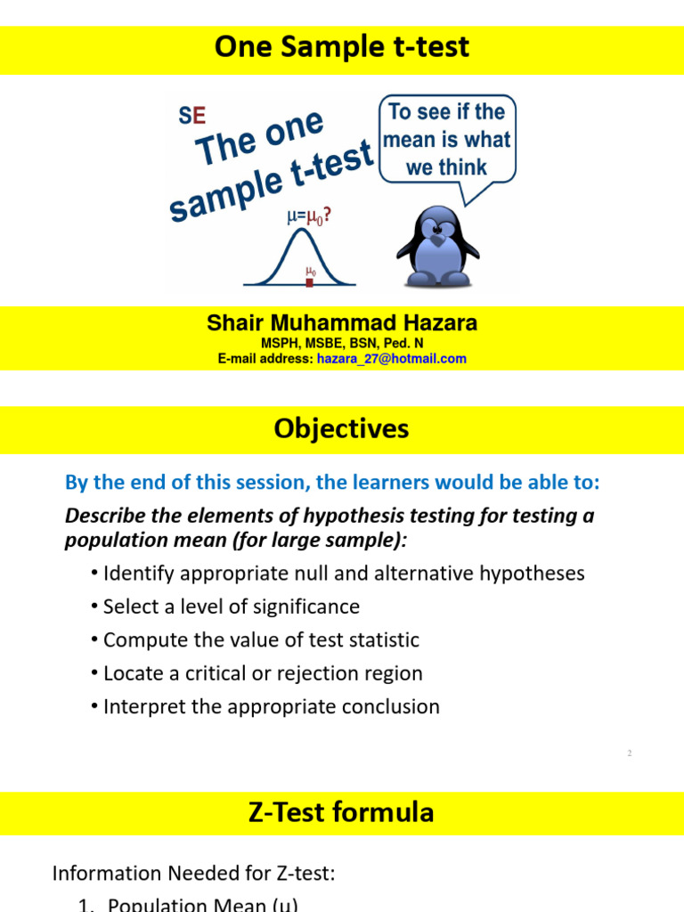 Stats Lecture 09. One Sample T - Test | PDF