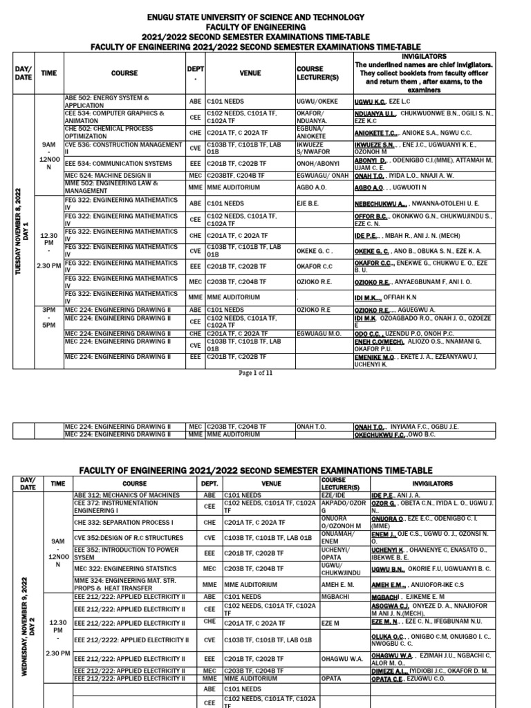 Enugu State University Engineering Exam Timetable | PDF | Electrical Engineering | Engineering