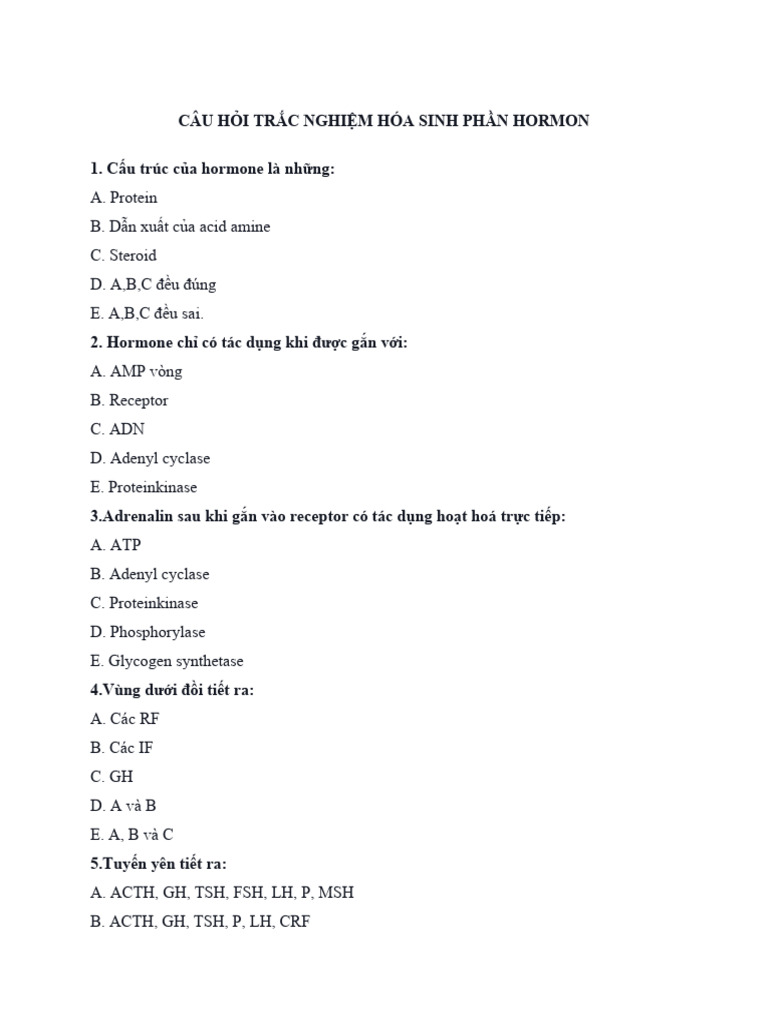 123doc Cau Hoi Trac Nghiem Hoa Sinh Phan Hormon | PDF