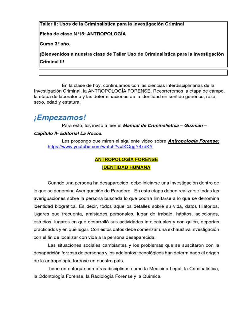 Ficha de Clase N15 Taller Uso de La Criminalistica para La Inv Criminal II 3ro INV CRIM | PDF