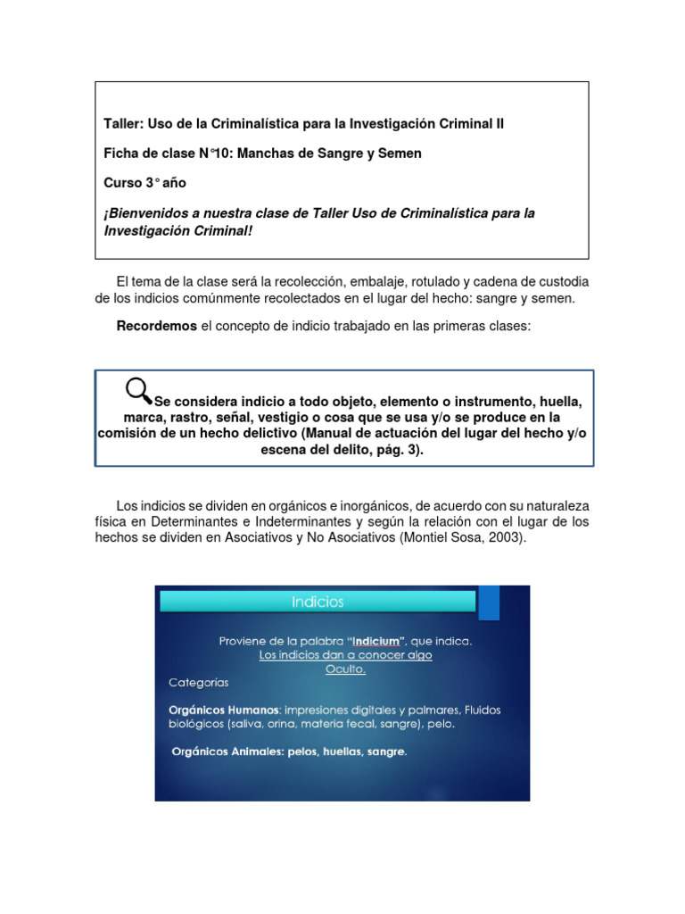 Ficha de Clase N10 Taller de Uso de La Criminalistica 3ro INV CRIM | PDF | Semen | Sangre
