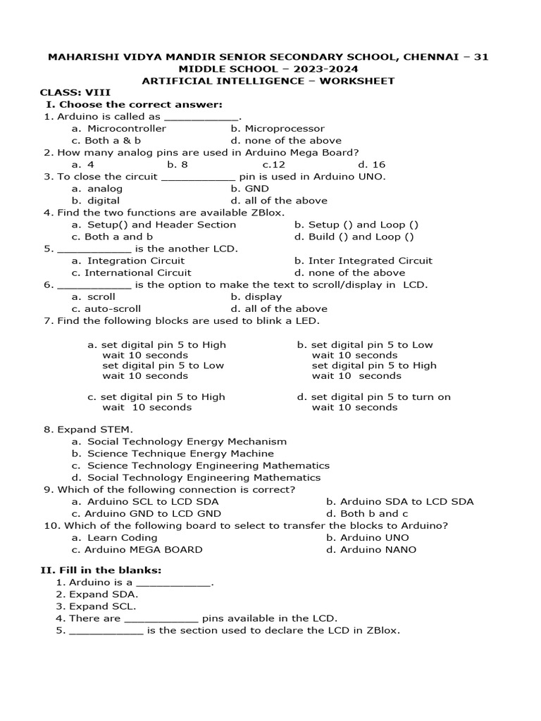 Class Viii Ai Worksheet And Key Pdf Artificial Intelligence Intelligence Ai And Semantics