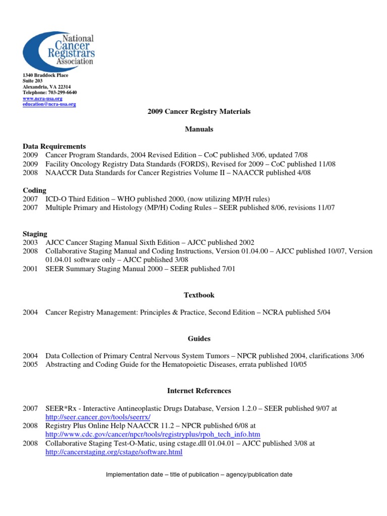2009 Oncology Registry Data Standards | PDF | World Health Organization ...
