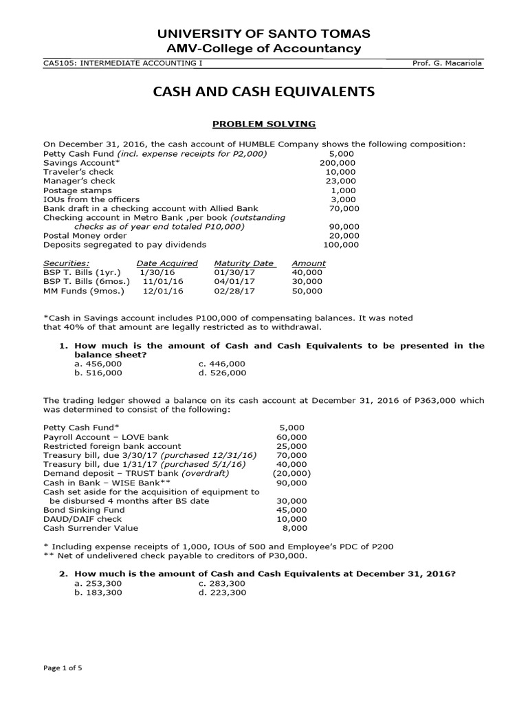 Handout - Cash and Cash Equivalents | PDF | Banks | Deposit Account