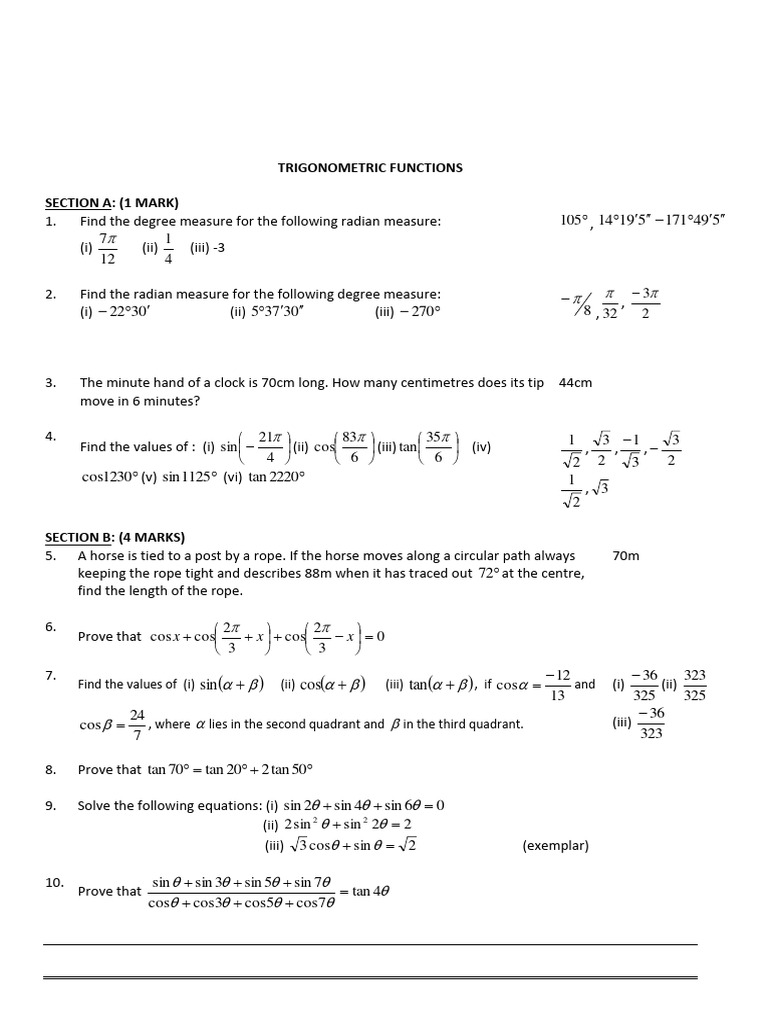 Class 11 Trigonometry Worksheet PDF | PDF | Trigonometric Functions ...