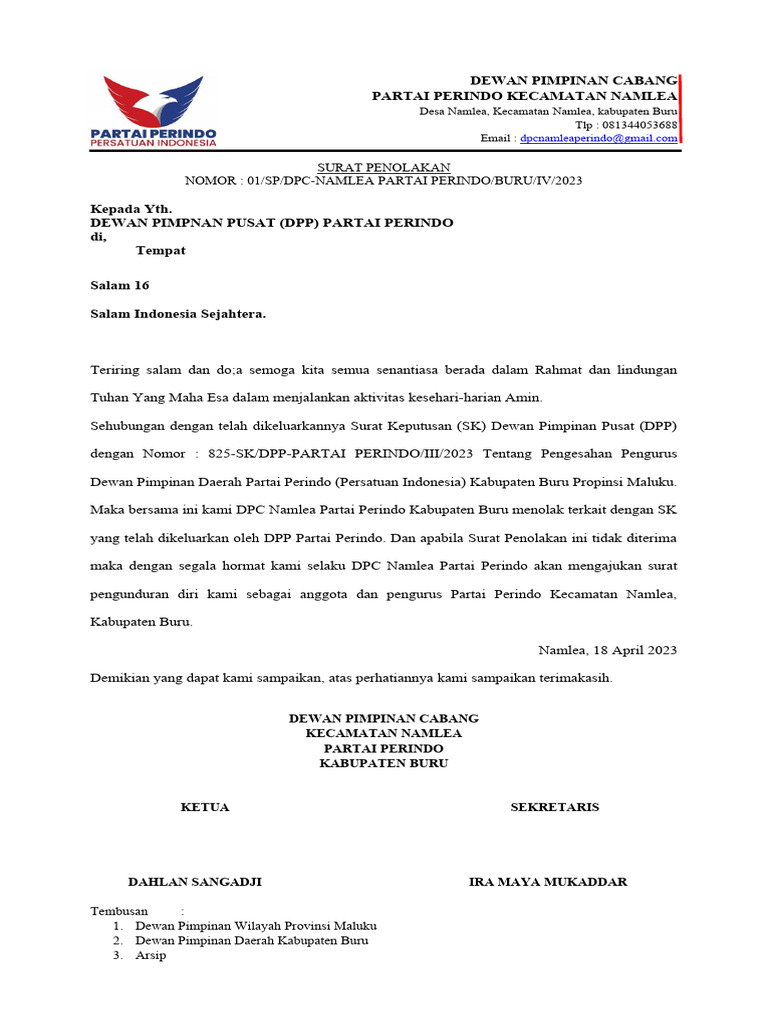 Penolakan SK DPP Perindo oleh DPC Namlea | PDF