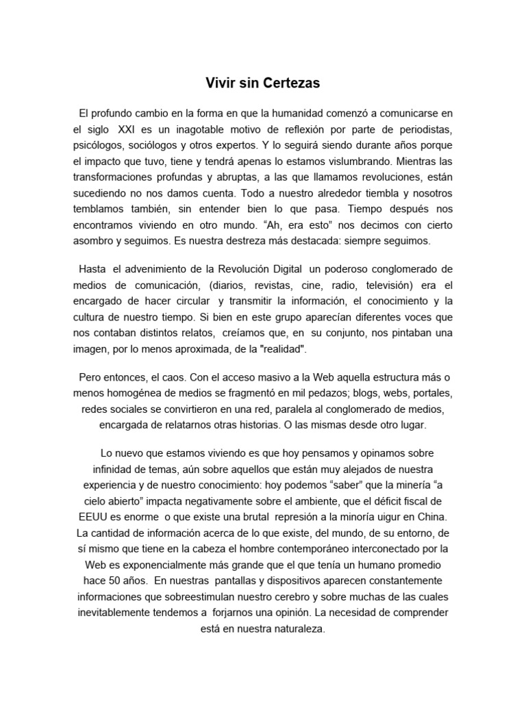 Vivir Sin Certezas | PDF | Verdad | Conocimiento Vivir Sin Certezas | PDF | Verdad | Conocimiento