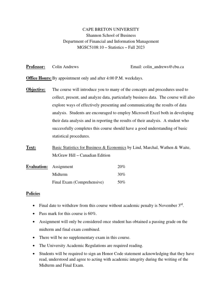 Course Syllabus - Statistics | PDF | Statistics | Academic Dishonesty