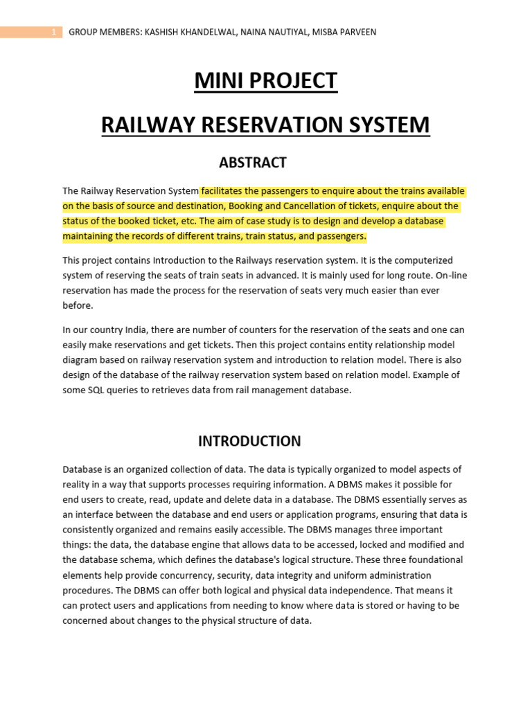 DBMS Project Railway Reservation System | PDF DBMS Project Railway Reservation System | PDF