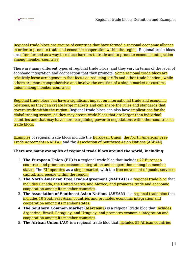 Regional Trade Blocs - Definition and Examples | PDF | Regional ...