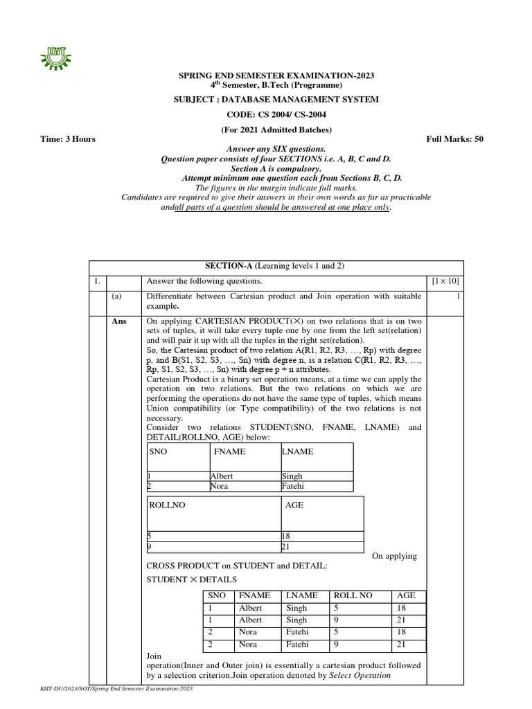 CS 2004(DBMS)-CS_END_MAY_2023 | PDF | Databases | Conceptual Model