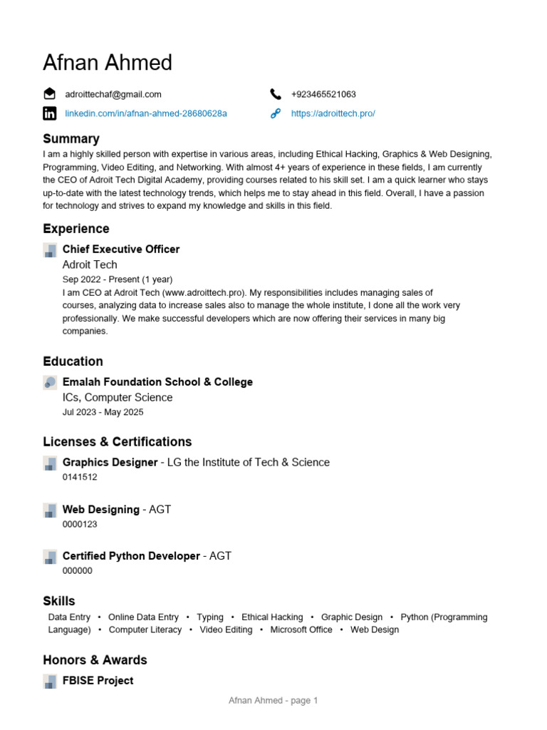 Resume Afnan Ahmed | PDF
