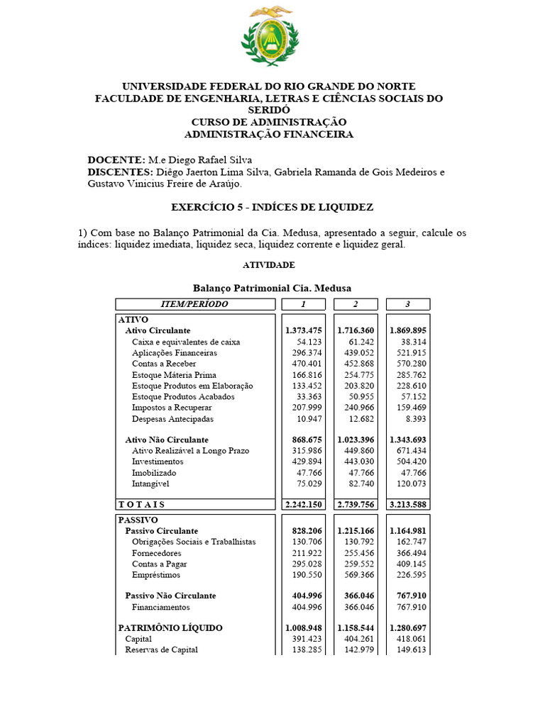 Exerccio 05 - Ndices de Liquidez | PDF | Liquidez de mercado | Dinheiro