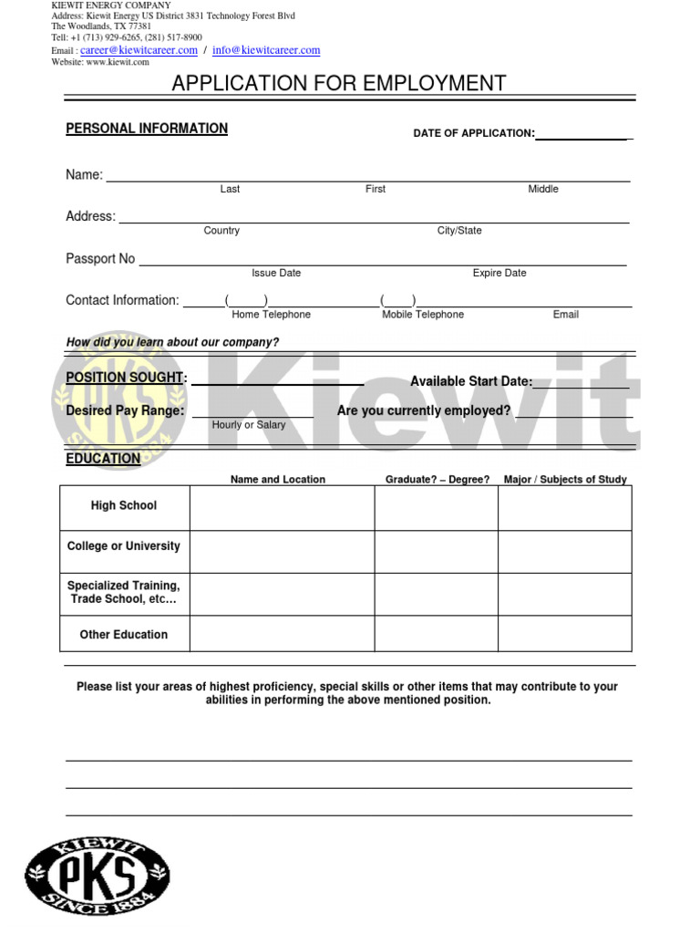 Kiewit Energy Employment Application Form | PDF