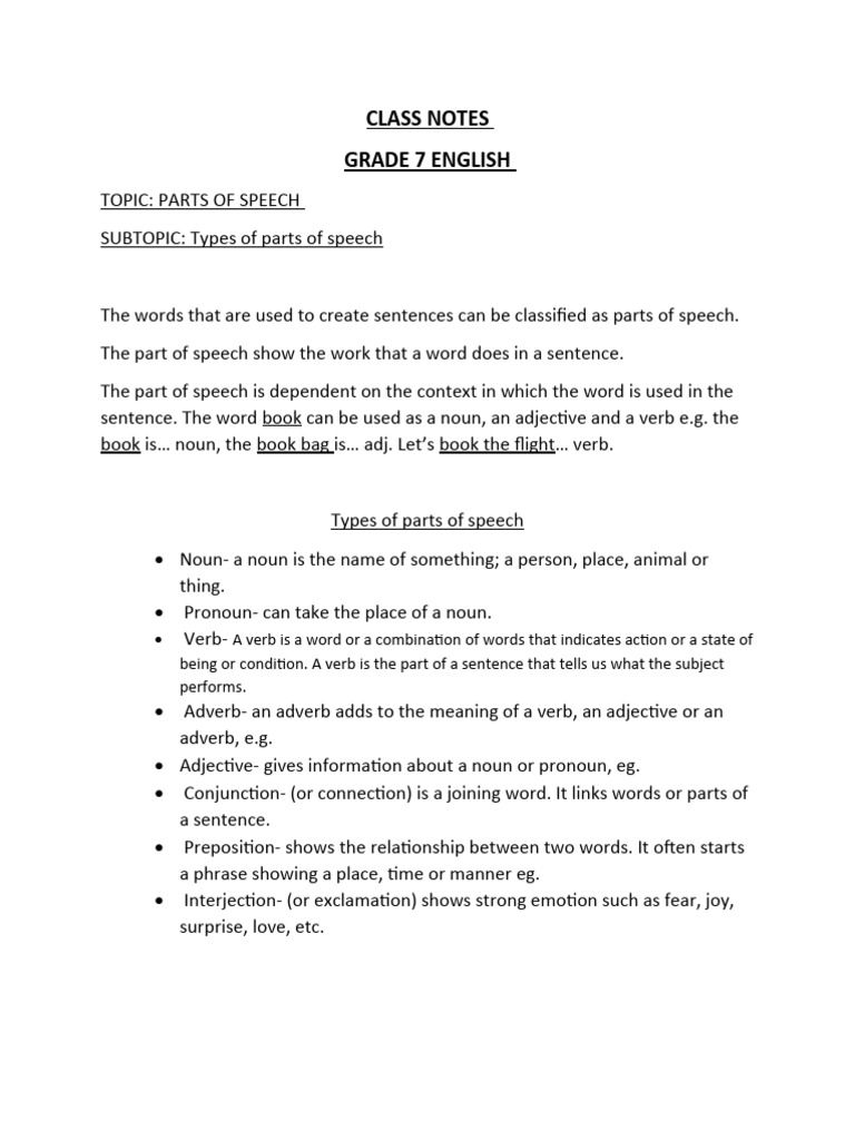 Class Notes Grade 7 English | PDF