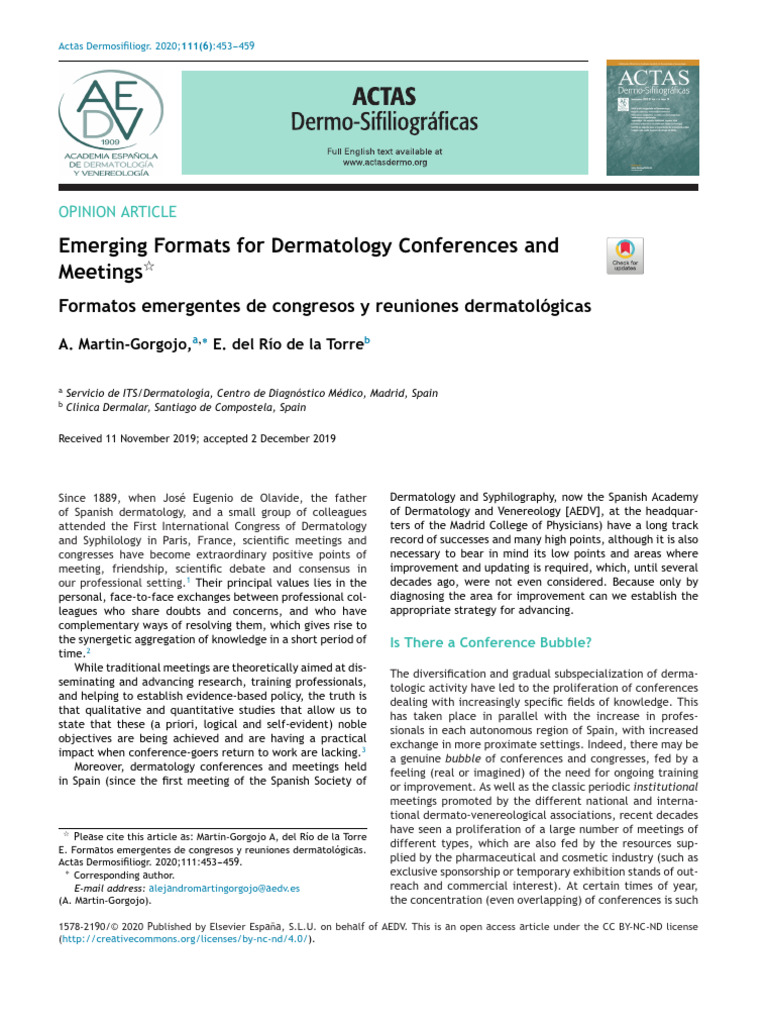 Emerging Formats For Dermatology Confere 2020 Actas Dermo Sifiliogr Ficas E | PDF | Dermatology ...
