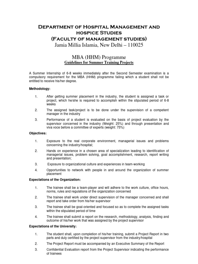 Summer Internship Guidelines MBA (HHM) | PDF | Business