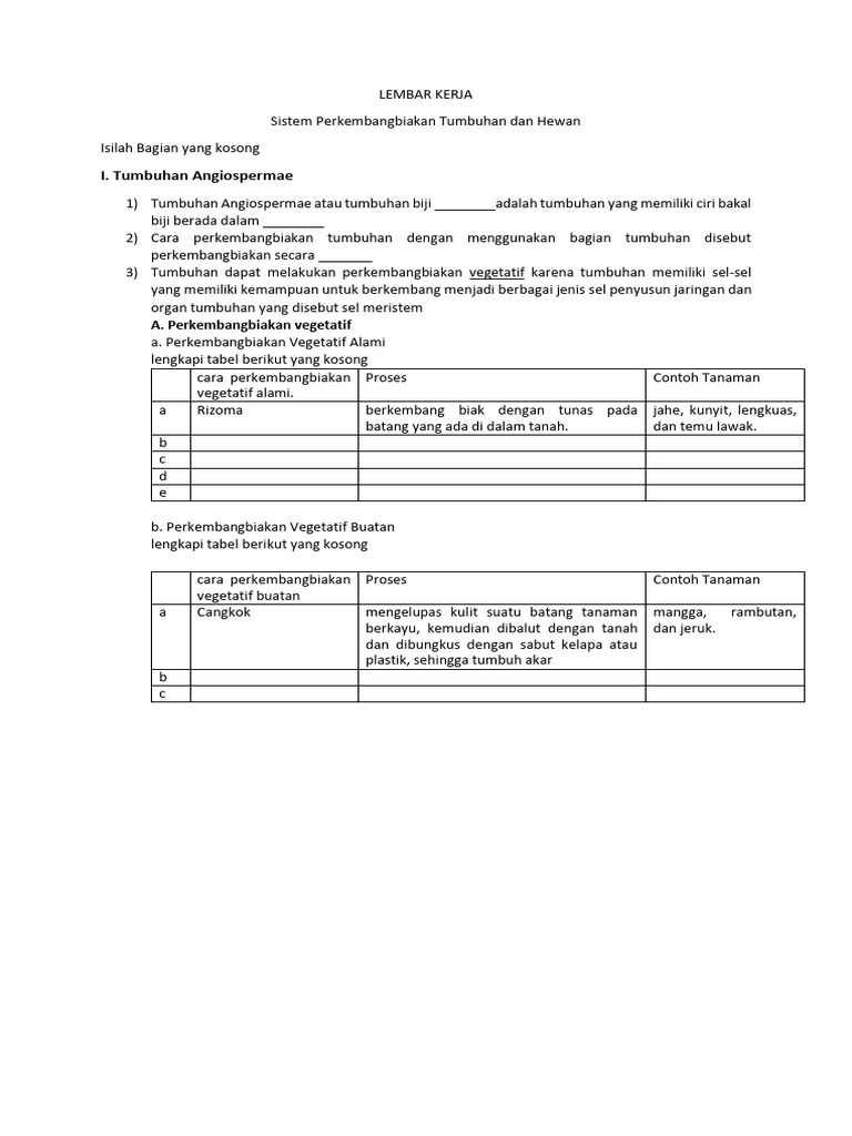 Lembar Kerja Sistem Perkembangbiakan Tumbuhan Dan Hewan | PDF