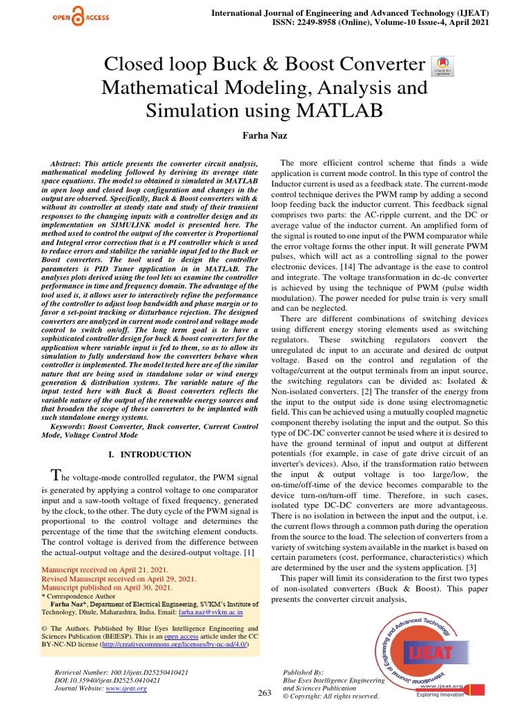 Closed Loop Buck & Boost Converter Mathematical Modeling, Analysis and Simulation Using MATLAB ...
