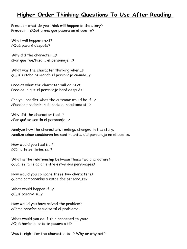 Blooms Higher Order Thinking Questions Reading | PDF