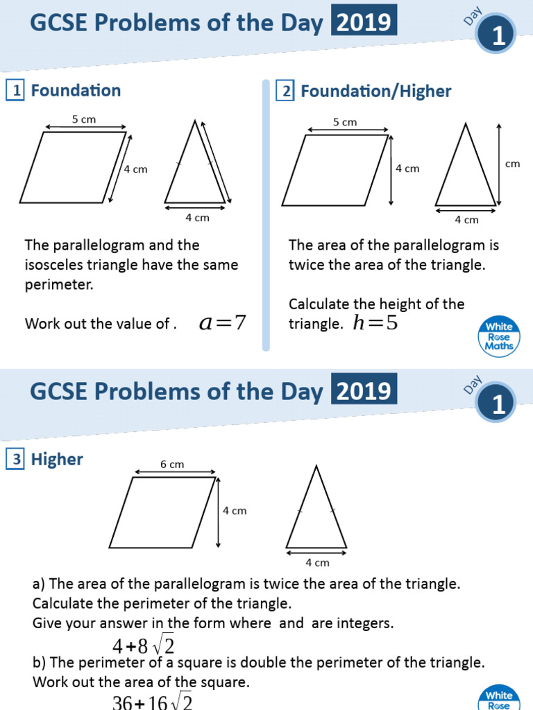 GCSE Problems of The Day Full Set With Solutions | PDF | Area | Triangle