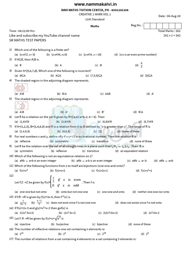 _11th Maths Volume 1 Creative 1 Mark Questions with Answer Key Ravi ...